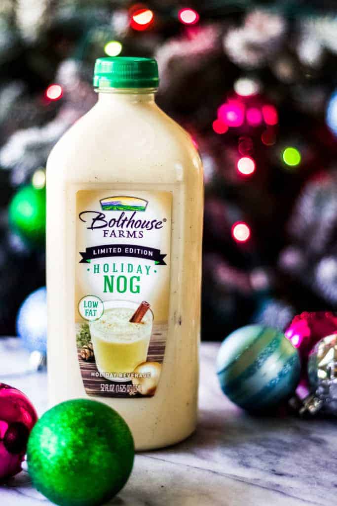 bottle of bolthouse farms holiday nog with ornaments in front of a ...